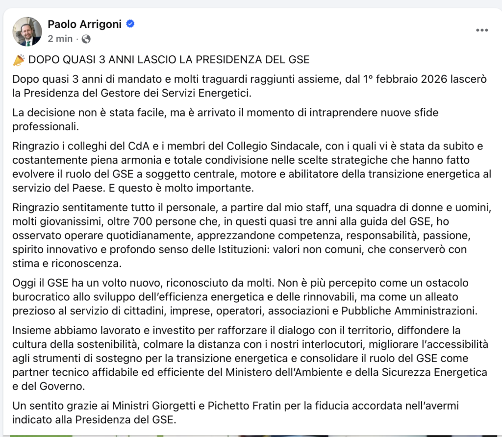 Paolo Arrigoni lascia la Presidenza del GSE: “Decisione sofferta, ma è ...